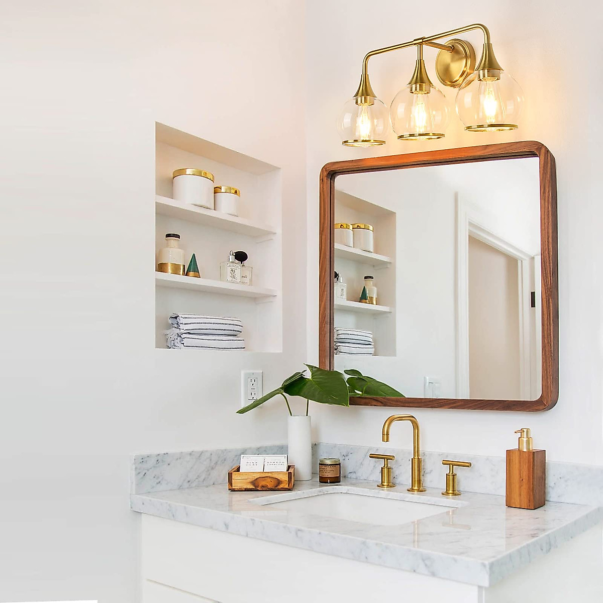 HAHZT Gold Bathroom Vanity Light 3-Lights Bathroom Light Fixtures Over Mirror with Clear Glass Shade 22.4 inch Wall Sconce Lighting Bath(Exclude E26 Bulb)