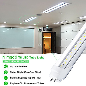 Nimgoti T8 LED Bulbs 4 Foot, 12-Pack 4FT LED Tube Light, 24W 3200LM, 5000K Daylight White, T8 Fluorescent Tube Replacement, Dual-Row Chips, Super Bright, Ballast Bypass, Dual-End Powered, Type B