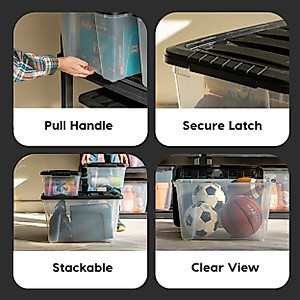 IRIS USA 6 Qt Stackable Plastic Storage Bins with Lids, 8 Pack - BPA-Free, Made in USA - See-Through Organizing Solution, Latches, Durable Nestable Containers, Secure Pull Handle - Clear/Black