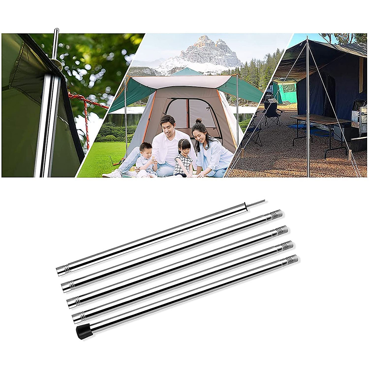 KOMCLUB Tent Poles Adjustable Tarp Poles Heavy Duty Stainless Steel Camping Poles Lightweight 78" Collapsible Canopy Pole for Tarp Telescoping Tent Poles for Awning Hiking Tarp Shelter Set of 2