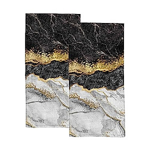 Fuliko Hand Towels for Bathroom, Soft Absorbent Black Gold Marble Towel Set 30x15, Washcloths Face Towels Perfect for Daily Use Home Kitchen Bathroom Decor (Black Gold Marble)