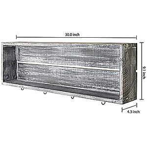 MyGift Wall Mounted Distressed Grey Solid Wood Wall Mug Holder Rack and Display Shelf with 4 Hooks, Coffee Cup Hanging Rack Bar Accessories and Storage