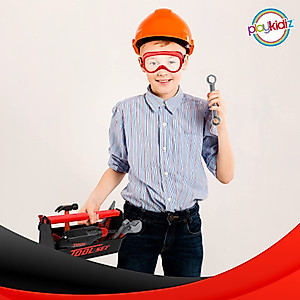 Playkidz Tool Box for Kids 22-Piece Boys & Girls Construction Toy Playset w/Carry Chest, Working Push Button Power Drill, Hammer, Screwdriver, Wrench, Pliers, Saw & Other Realistic Tools Ages 3+