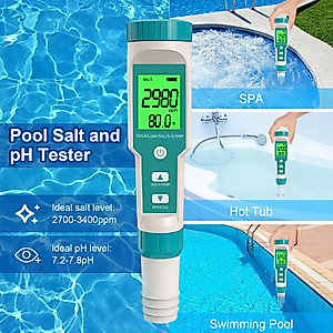 Yewhick Pool Salt Tester Yewhick pH and Salt Meter for Saltwater Pool pH Tester and Digital Salinity Tester 7 in 1 Salinity Meter for Swimming Pools Hot Tubs and Swim Spas