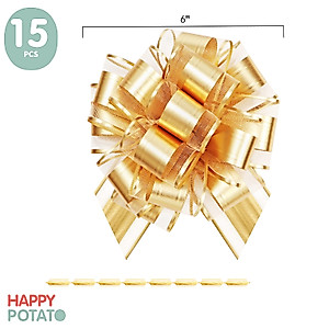 HAPPY POTATO Gift Bows, 6 inches Large Gold Pull Bows, Bows for Gifts, Large Bows for Presents, Pull Bows with Ribbon for All Occasions (Pack of 15)
