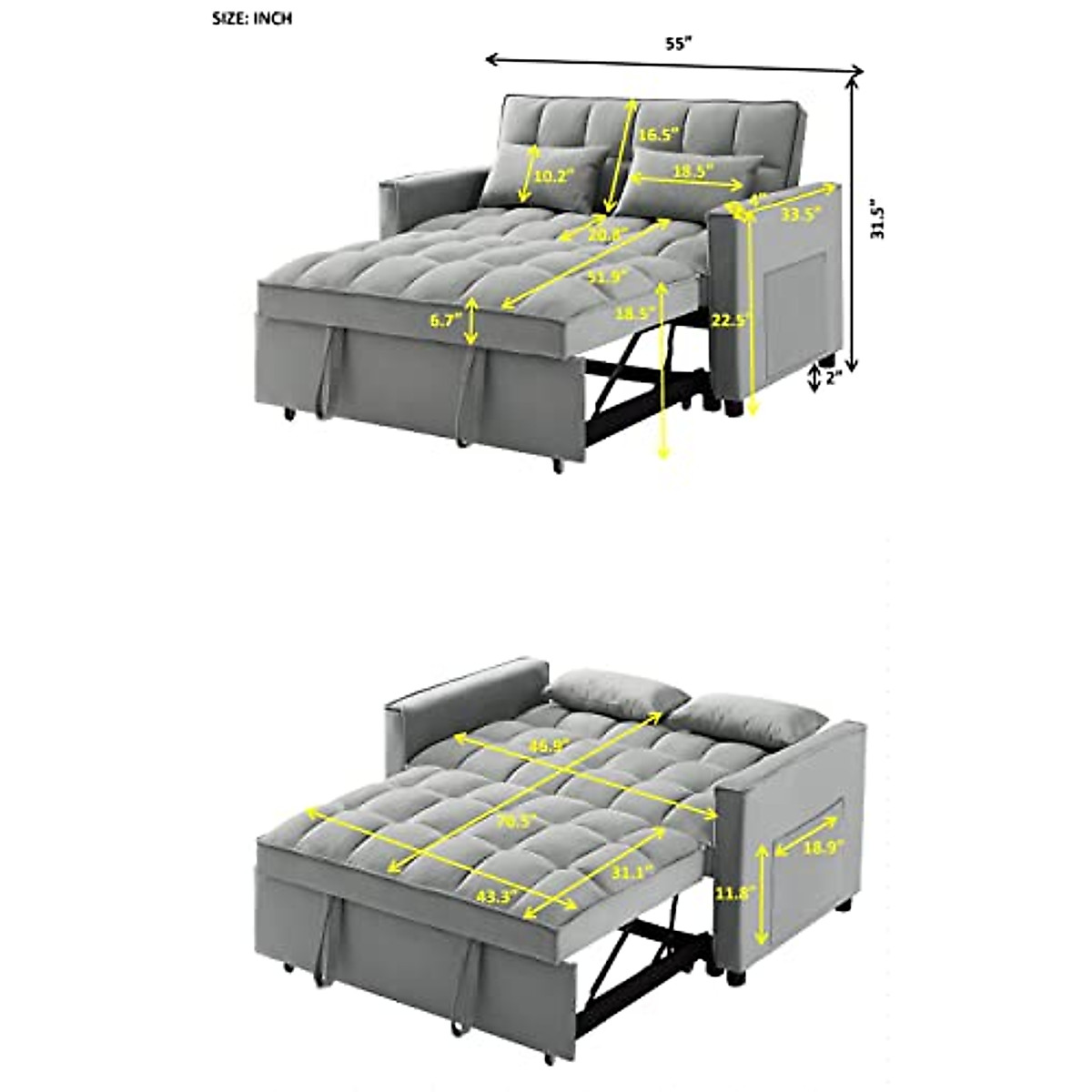 KLMM Modern Convertible Sofa Bed with Adjustable Backrest and 2 Lumbar Pillows, Velvet Loveseat Sleeper Sofa Couch with Pull-Out Bed for Small Spaces (Grey+Velvet9)