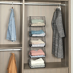 5 Tier Closet Hanging Organizer, Clothes Hanging Shelves with 4 Hanging Hooks 5 S Hooks, Wire Storage Basket Bins, for Clothing Sweaters Shoes Handbags Clutches Accessories Patent Design
