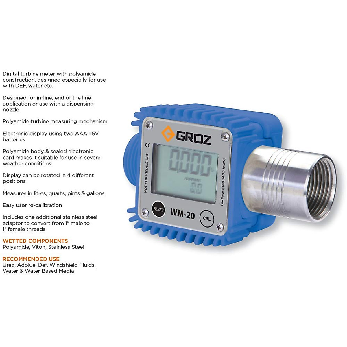 Groz 45670 Digital Turbine DEF Meter, 1" BSP Threads, 145 PSI