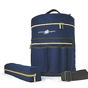 Stitch Happy XL Knitting Bag (Navy): 7 Pocket Yarn Bag, Crochet Bag, Yarn Storage, Crochet Storage