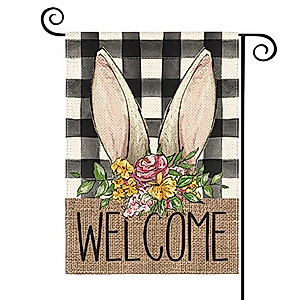 AVOIN colorlife Easter Bunny Ear Welcome Garden Flag 12x18 Inch Double Sided Outside, Buffalo Plaid Floral Rabbit Pascha Yard Outdoor Decoration