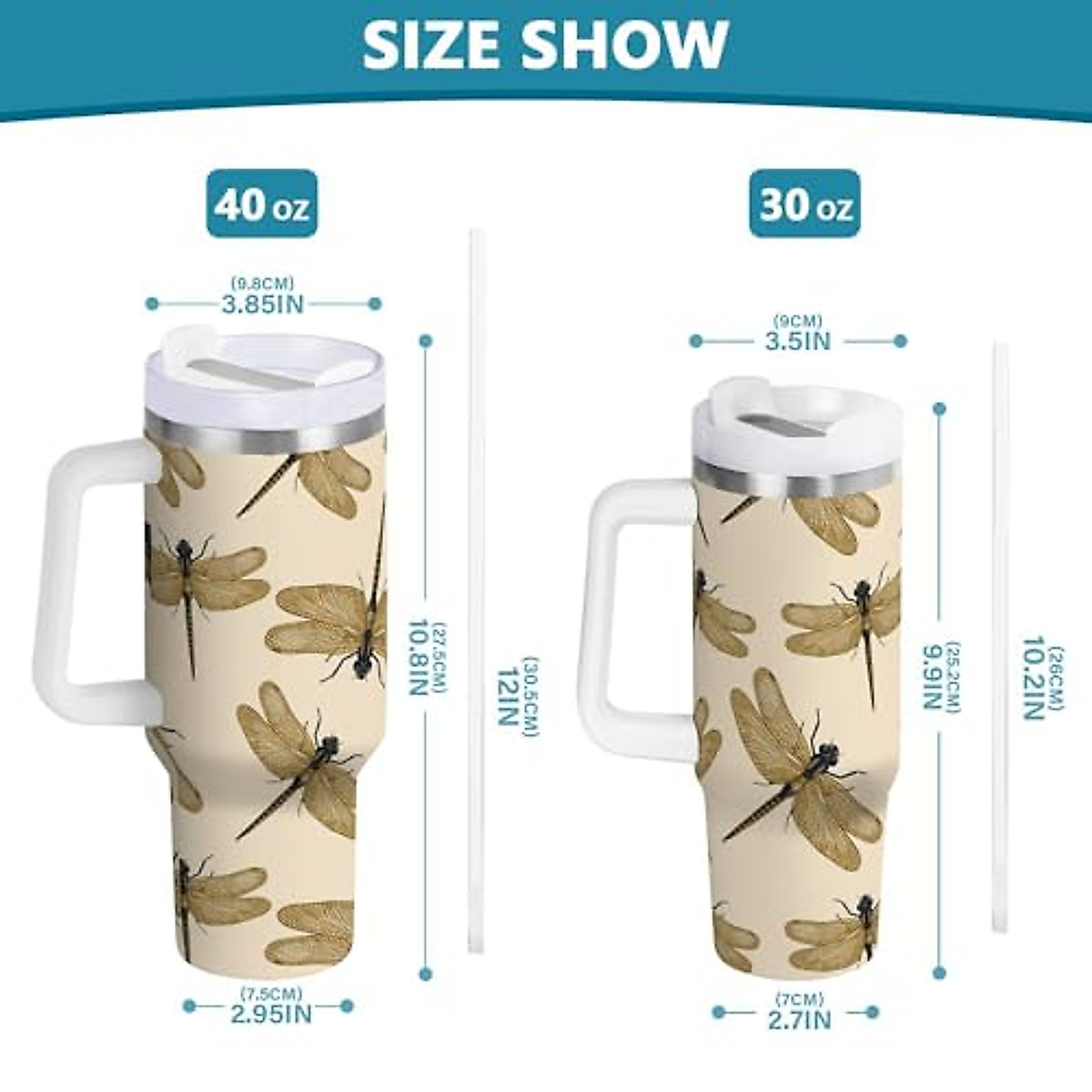 DIGTIA Stainless Steel Insulated Tumbler w/Handle & Straw, Dragonfly Double Wall Vacuum Travel Coffee Mug Cup w/Lid, Leak-Proof Sports Beige Water Bottle,40oz