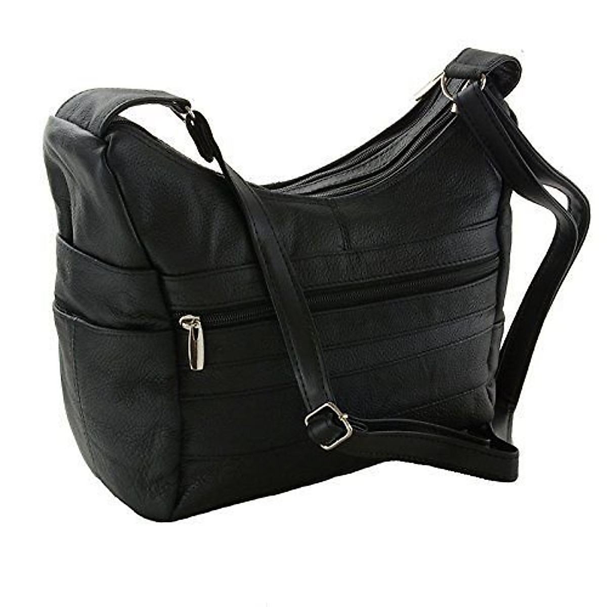 Marshal Women's Genuine Leather Purse Adjustable Strap Mid Size Multi Pocket Shoulder Bag (Black)