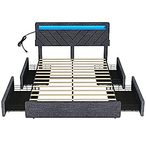 ADORNEVE Queen Bed Frame with 4 Drawers, LED Bed Frame with 2 USB Charging Station, Upholstered Platform Bed with Storage & LED Lights Headboard, No Box Spring Needed, Easy Assembly, Dark Grey