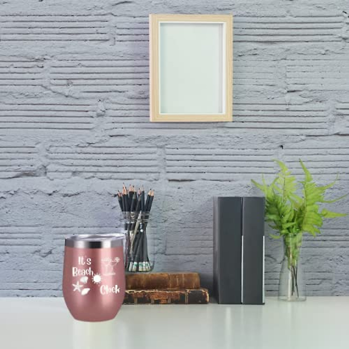 It's Beach O 'Clock, Lovely Shape Rose Gold With white Print, Insulated Wine Tumbler with Lid Double Wall Stainless Steeel, Coffee Mug, Beach Accesories, Cocktail, Beer, Office (Rose Gold)