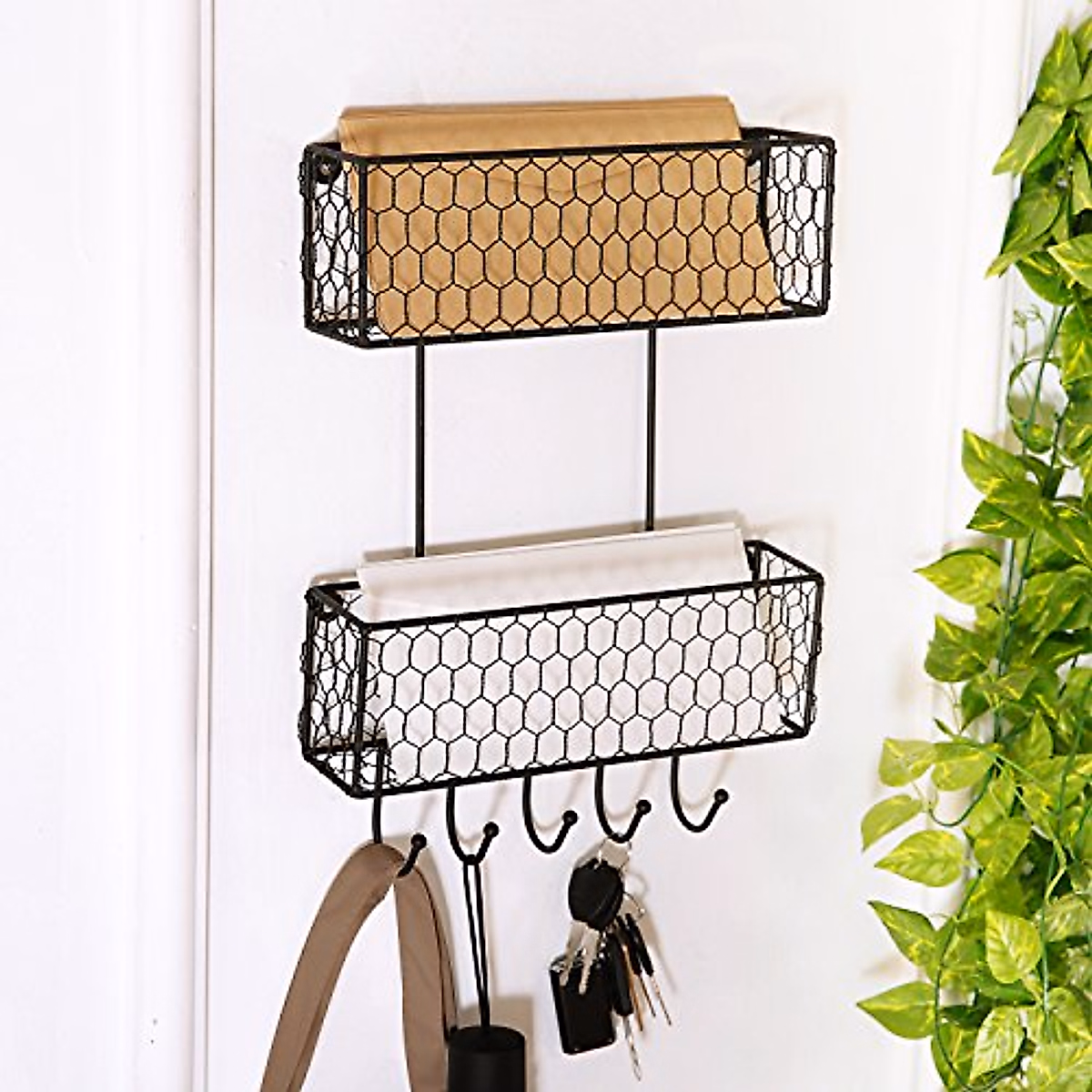 MyGift Wall Mounted Black Chicken Wire Metal Key and Mail Holder Organizer with 4 Hooks, Entryway Hanging Storage Baskets
