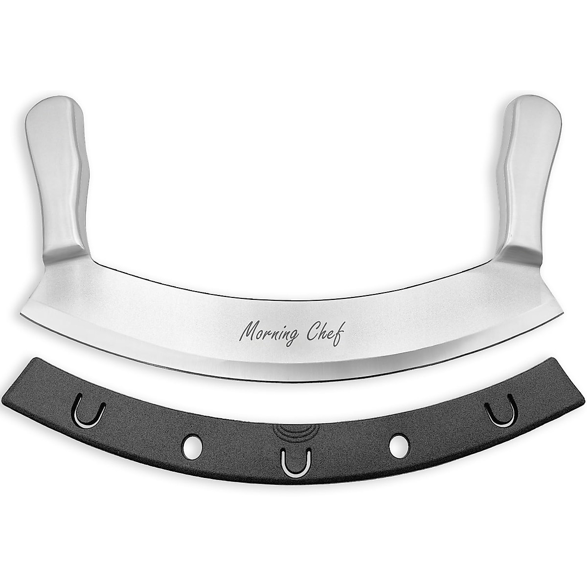 Morning Chef 12" Stainless Steel Mezzaluna Knife | Pizza Cutter | Chopper Dicer Mincer | Curved Blade with Steel Handles | Mezzaluna Sheath Pizza Cutter Rocker, Rocker Knife Veggie Cutter