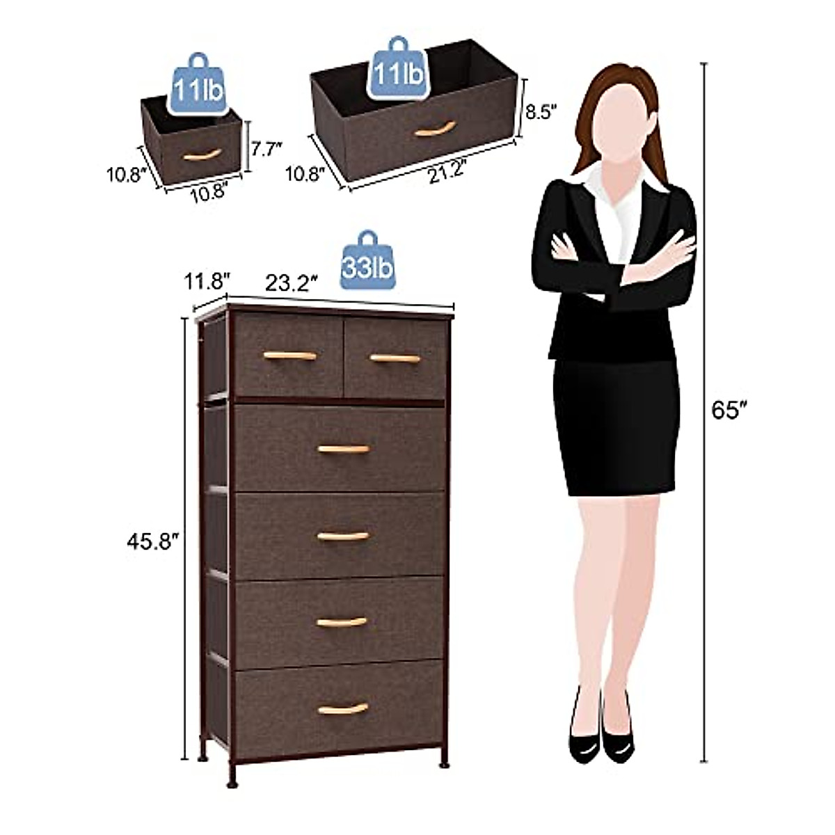 Crestlive Products Vertical Dresser Storage Tower - Sturdy Steel Frame, Wood Top, Easy Pull Fabric Bins, Wood Handles - Organizer Unit for Bedroom, Hallway, Entryway, Closets - 6 Drawers (Brown)