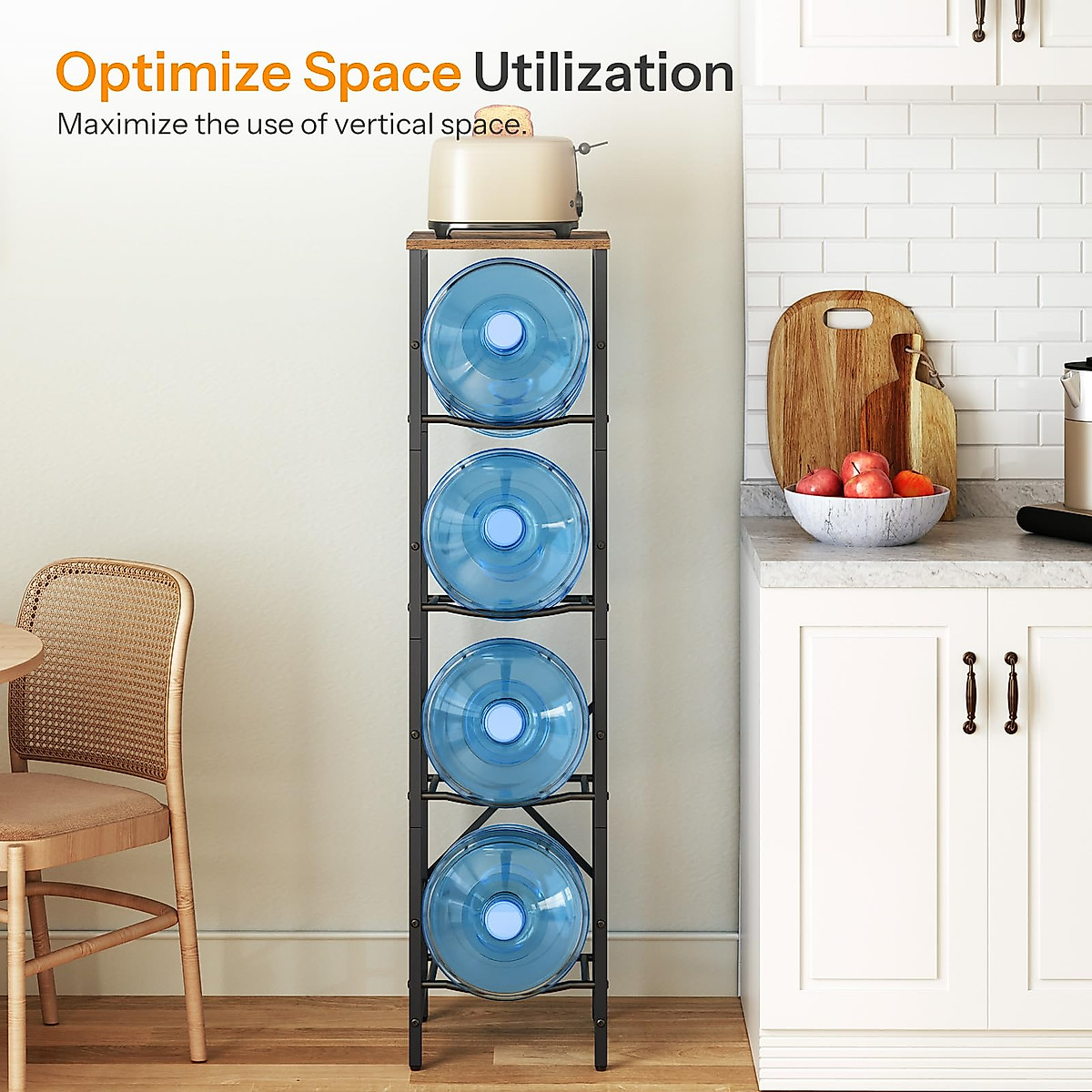 HOOBRO Water Jug Rack, Water Bottle Holder, 5 Gallon Water Jug Rack, 4-Tier Water Bottle Stand, Water Jug Stand, for Kitchen, Living Room, Office, Rustic Brown and Black BF02ST01