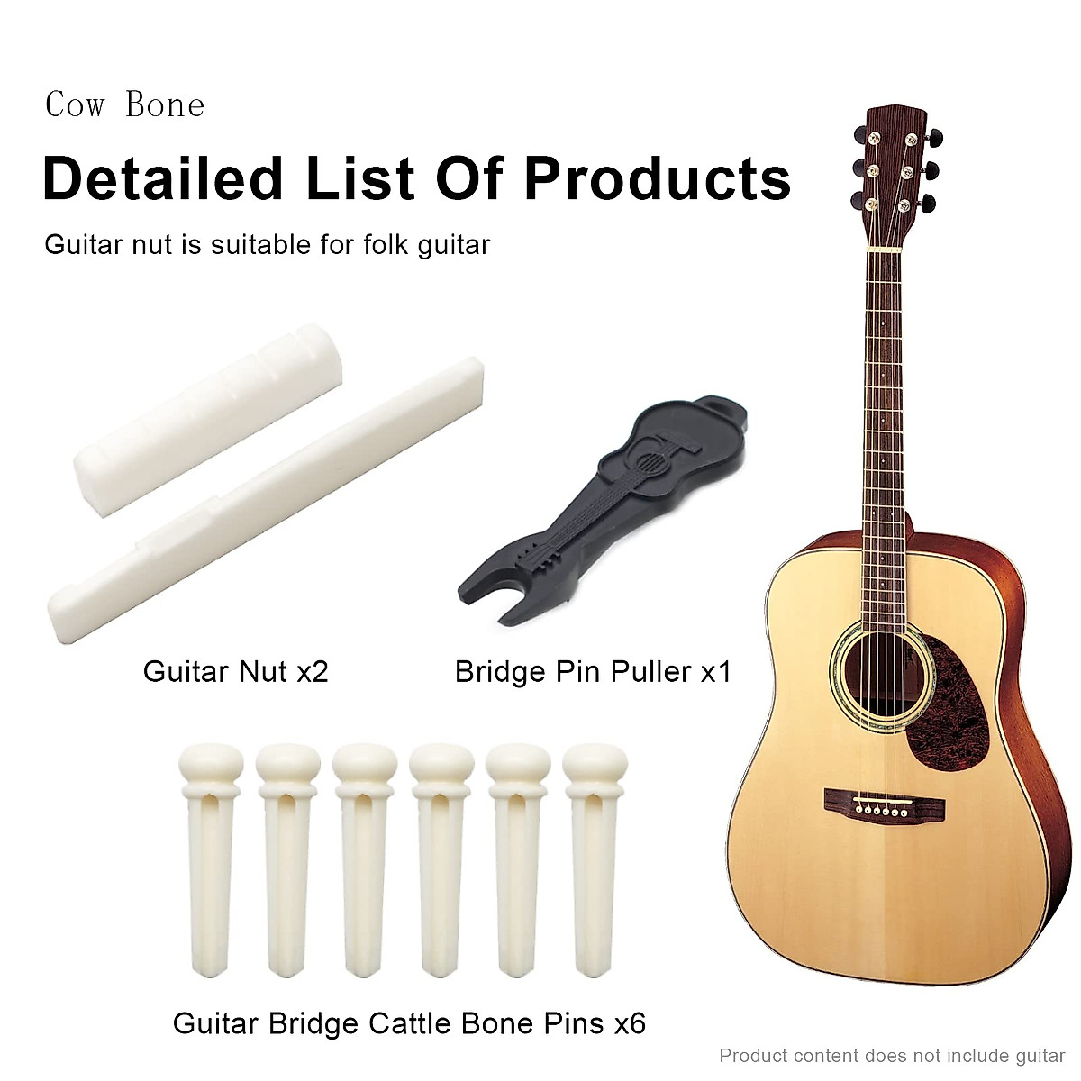 SAPHUE 6 String Acoustic Guitar White Bone Bridge Saddle and Nut & 6 Guitar Bridge Pins Made of Real Bone whith 1 Guitar Pins Puller, for Acoustic Folk Guitar