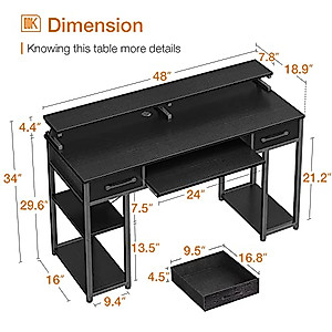 ODK Computer Desk, 48'' Office Desk with Keyboard Tray, Writting Desk with Drawers and Monitor Stand, Study Table with CPU Stand and Removable Shelf for Storage, Black