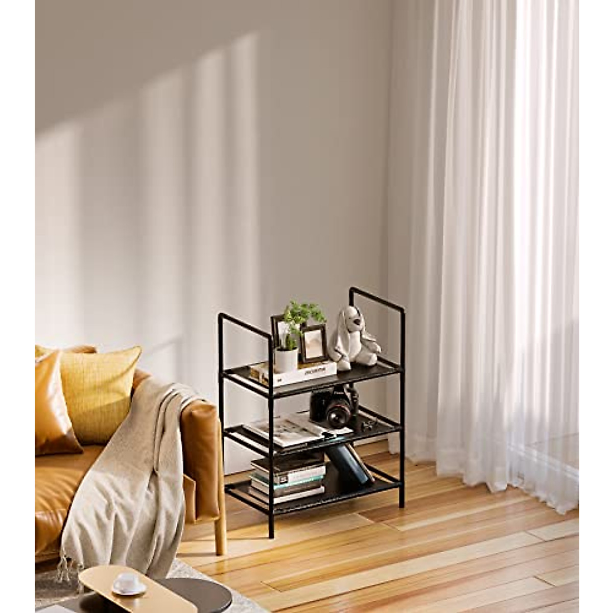 AwadeWhy Shoe Rack 3 Tiers, Narrow Shoe Rack, 3 Tier Shoe Organizer, Sturdy Black Metal Non-woven Expandable Rack, Small Shoe Rack for Storage Kids Men Entryway Closet Bedroom