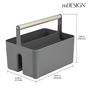 mDesign Plastic Shower Caddy Storage Organizer Utility Tote, Divided Basket Bin - Metal Handle for Bathroom, Dorm, Kitchen, Holds Soap, Shampoo, Conditioner - Aura Collection - Dark Gray/Matte Satin