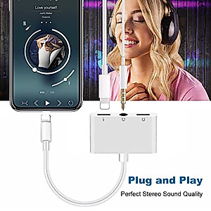 3 in 1 Lightning to 3.5mm Jack Headphone Adapter Earphone Jack Audio and Charging Adapter Headphone Splitter Compatible for iPhone 13 12 11 SE XS XR X 8 7 and iPad