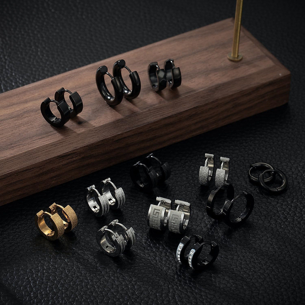 RIOSO 12Pairs Hoop Earrings for Men Stainless Steel Black Silver Men's Hoop Earring