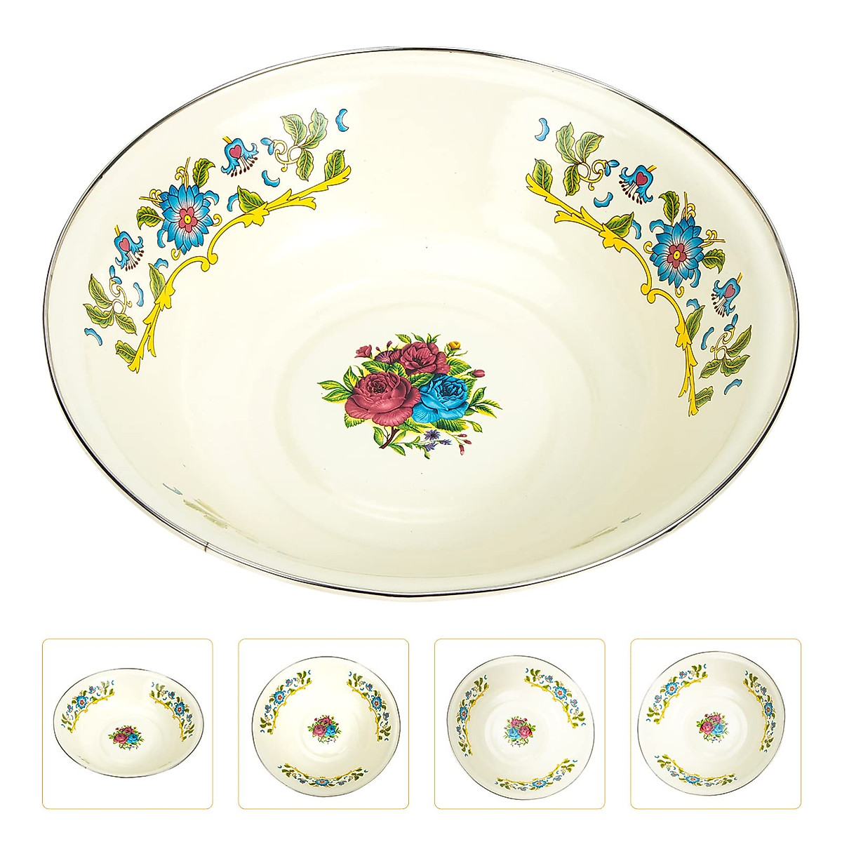 DOITOOL Enamel Plates Enamel Mixing Bowl Vintage Flower Large Salad Bowl Enamelware Washing Basin Chinese Style Soup Serving Bowl for Ramen Asian Dishes Cereal Rice Noodle Enamel Bowl