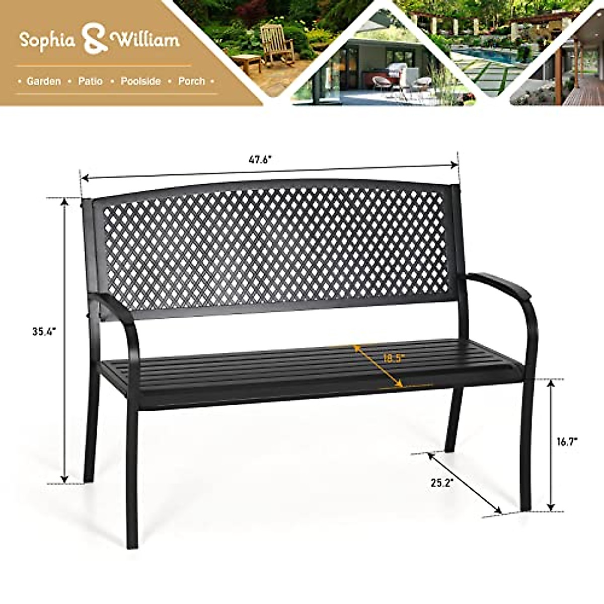 Sophia & William Outdoor Garden Bench Patio Park Bench, Steel Metal Frame Furniture with Lattice Backrest and Widened Armrest for Porch Yard Lawn Deck