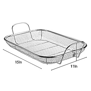 WUWEOT Grill Basket, Vegetable Barbecue Basket, 15" x 11" Stainless Steel Square Wire Mesh Grilling Basket Roasting Pan with Two Handles for Vegetables, Chicken, Meats and Fish