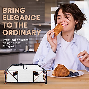 Iron Rustic Napkin Holder for Table – Flat Napkin Holder with Secure Pivoting Arm for Kitchen Tissue – Home Decor Black Napkin Holder with Bronze Leaves – Indoor and Outdoor Kitchen Decor by Maypes