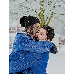 AICHUAN Womens Slouchy Beanie Hat with Real Raccoon Fur Ball Pompom Cotton Pearls Winter Fall Hat