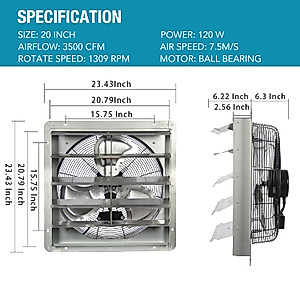 VENTISOL 20 Inch Shutter Exhaust Fan Wall Mounted, Aluminum with 1.65 Meters Power Cord Kit,High Speed 3500CFM, Ventilation fan for Garage,Greenhouse,Attic,Shed,Shop，Black
