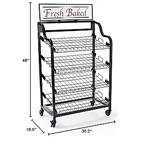 Displays2go Wheeled Metal Rack with Four Tilting Wire Shelves, Black (BAKCRT4NBK)