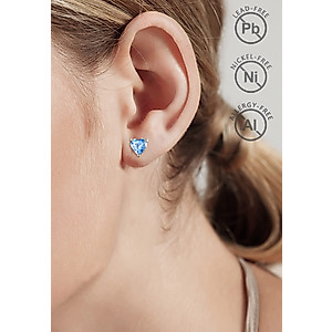 Vito 925 Sterling Silver Birthstone March Stud Earrings for Women, Cubic Zirconia Hypoallergenic Heart Aquamarine Ear Studs Jewelry Gift for Sister Daughter on Birthday