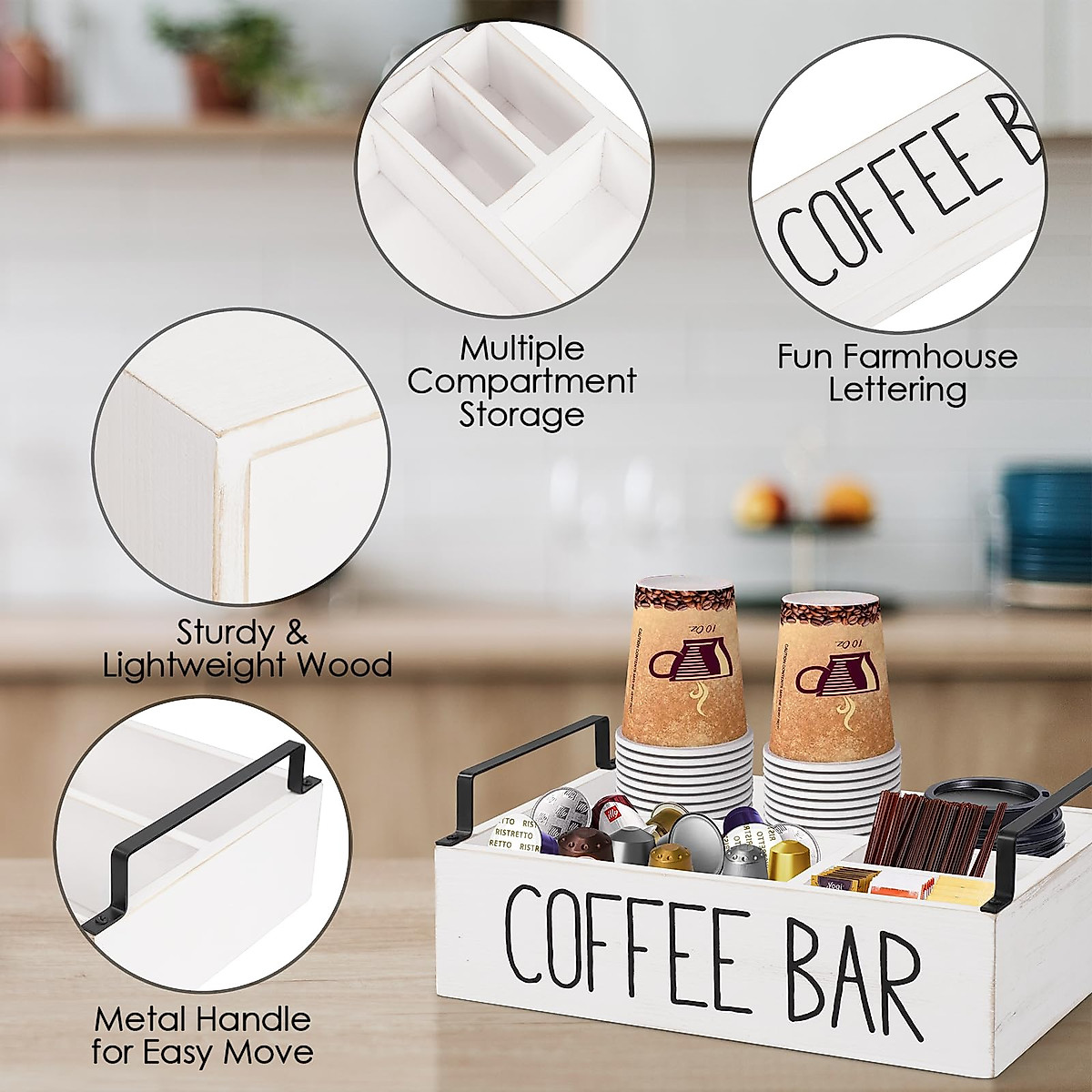 Pitmoly Coffee Station Organizer, Wooden Coffee Bar Accessories Organizer for Countertop, Farmhouse K Cup Coffee Pod Holder with Handle, Rustic Retro Storage Bin for Coffee Tea Bag (White)