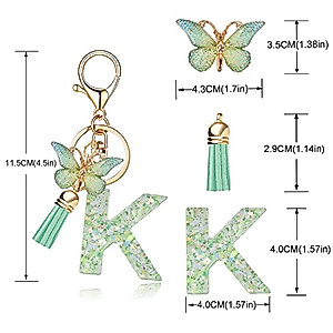 OKAICEN Fashion Alphabet Initial Letter Keychain Green Tassel Butterfly Pendant Key Ring for Purse Handbags Women Girl('K')