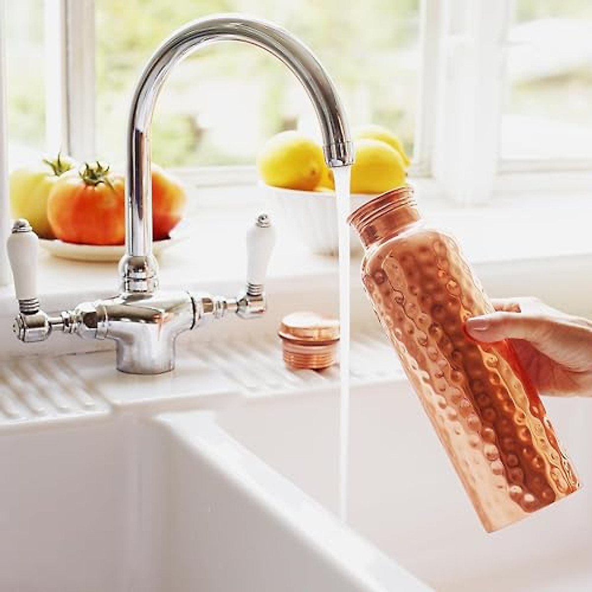 Pure Copper Water Bottle - 34 oz Leak Proof Joint Less Indian Ayurveda Health Benefit Water Drinking Carafe Drink More for Healthy Lifestyle - Hammered - 1000 ML