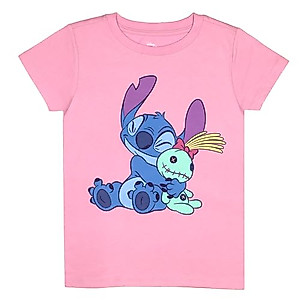 Disney Lilo & Stitch Girls 4-Piece Set, 4-Pack Short Sleeve T-Shirt Bundle Set for Kids and Toddlers (Size 7-8, Fuchsia/Pink/Blue/Sage)