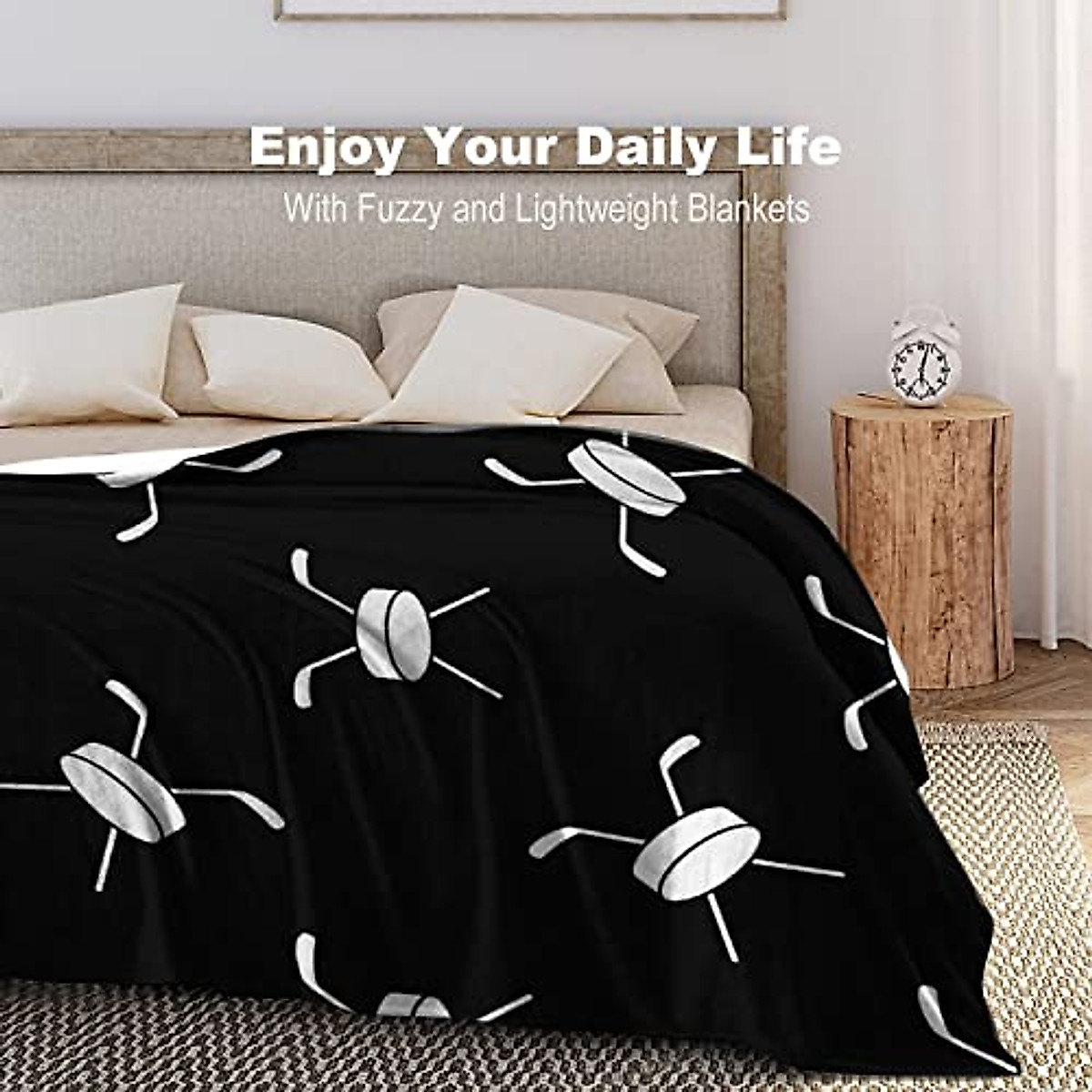 Flannel Blanket Black White Hockey Fleece Blanket Super Soft Throw Blanket for Couch Bed Sofa-Machine Washable 60"x80"