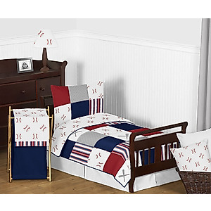 Sweet Jojo Designs Red, White and Blue Baseball Patch Sports Boy Toddler Kid Childrens Bedding Set - 5 Pieces Comforter, Sham and Sheets - Grey Patchwork Stripe