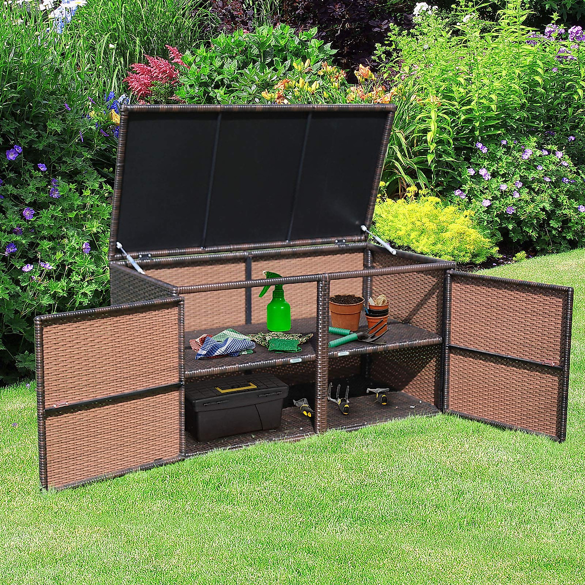 Tangkula Outdoor Wicker Storage Box, Garden Deck Bin with Steel Frame, Rattan Pool Storage Box with Lid, Ideal for Storing Tools, Accessories and Toys, 88 Gallon Capacity (Brown)