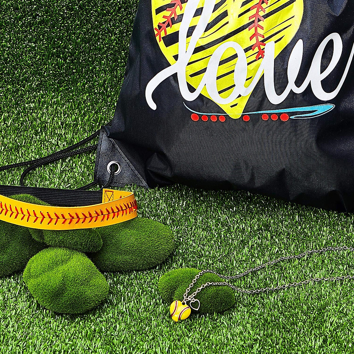 WILLBOND 4 Pieces Softball Girl Accessories Set, Softball Headband Softball Bracelet Softball Necklace Softball Drawstring Bag for Women Girls