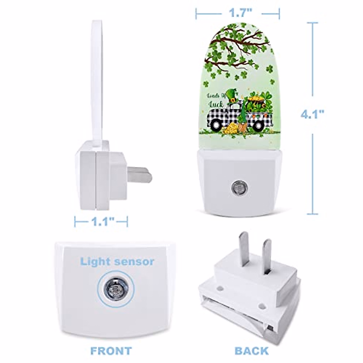 St. Patrick's Day Night Light, LED Plug in Night Light, Clover Tree Gnomes Gold Black White Checkered Truck Green Night Lights with Dusk to Dawn Sensor Kids/Adults Nightlight for Bedroom Bathroom