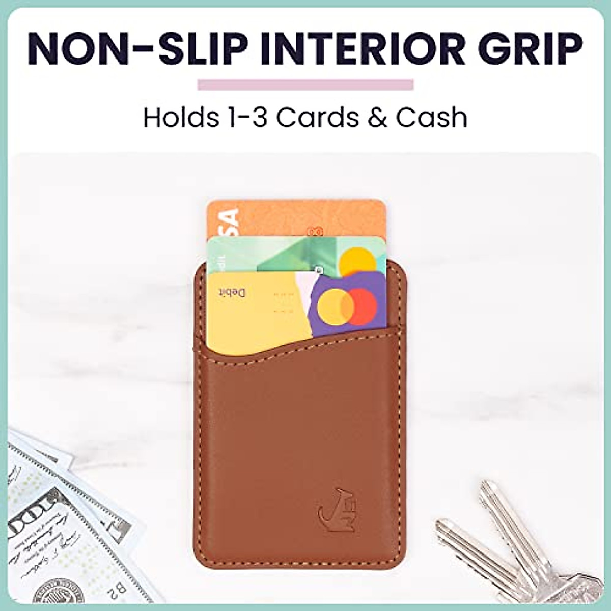 Premium Leather Phone Card Holder - Stick On Wallet for iPhone and Android Smartphones - Minimalist Style with Non-Slip Lining Secures Up to 3 Cards Kangaroo
