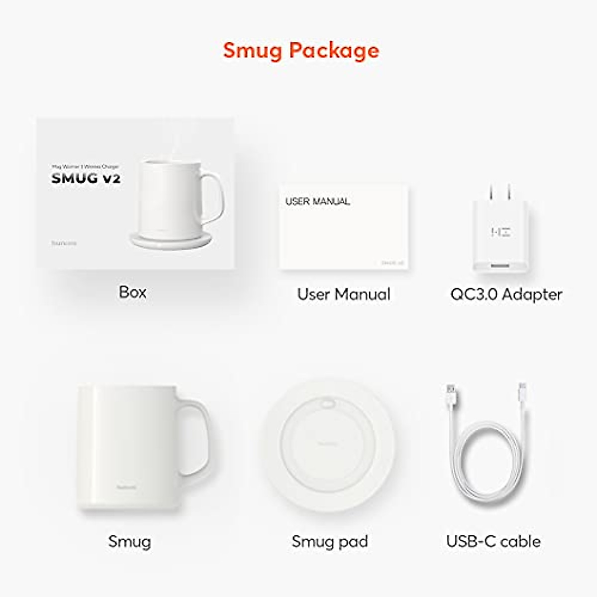 hurkins Smug, up to 149℉ Coffee Mug Warmer & Mug & pctg Lid Set, self Heated Cup with Wireless Charging Function, Office/Home for Desk. (White)