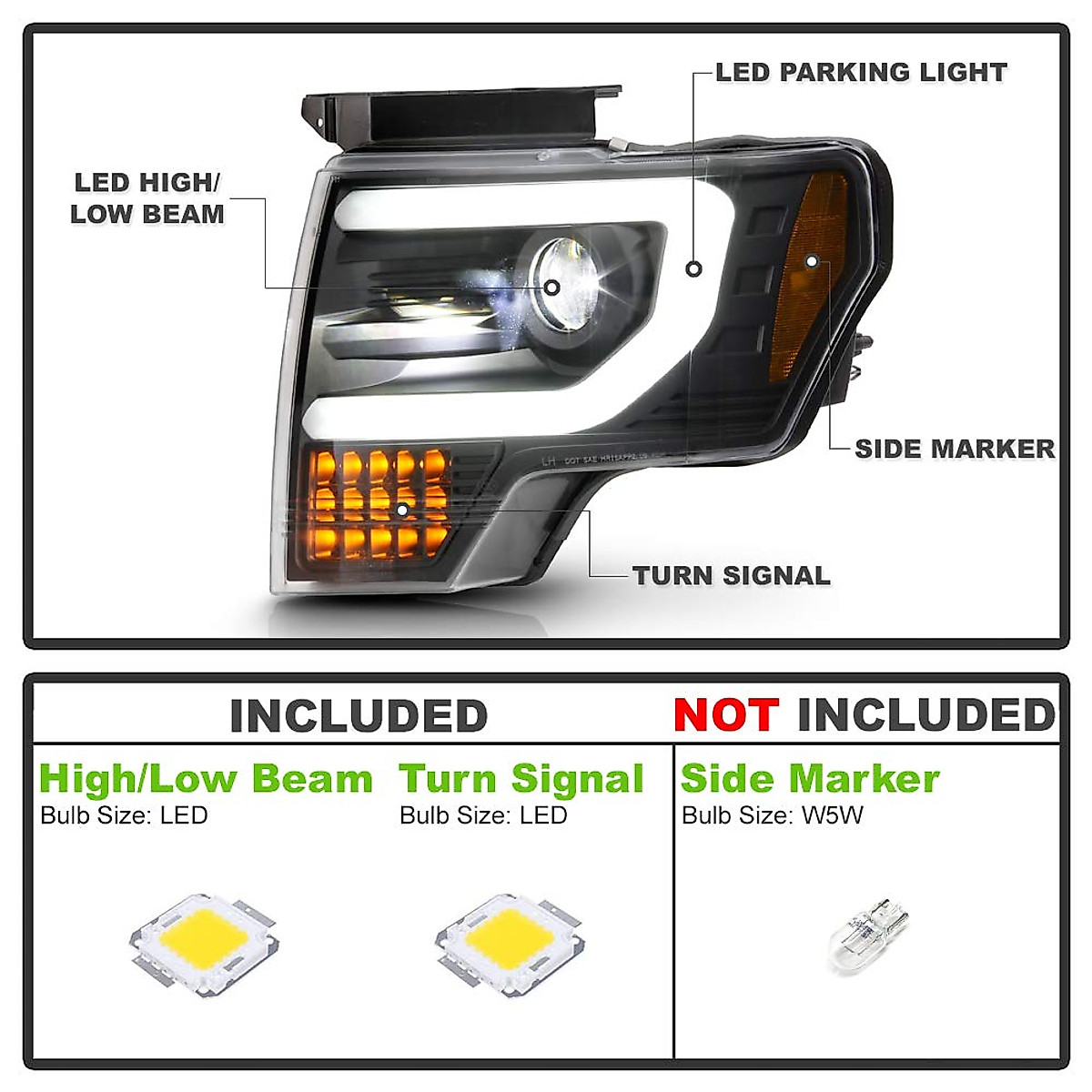 ACANII - For [HID/Xenon Model] 2013-2014 Ford F150 Truck LED Signal Built-In Low/High LED Projector Headlights Headlamps