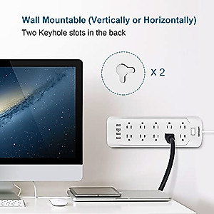 WANDOFO 15ft Extra Long Cord Power Strip Surge Protector, 5V 3.4A Smart USB Outlet Strip, 10 Widely Spaced Outlets, Low Profile Flat Plug, Wall Mountable, Ideal for Home Office, White