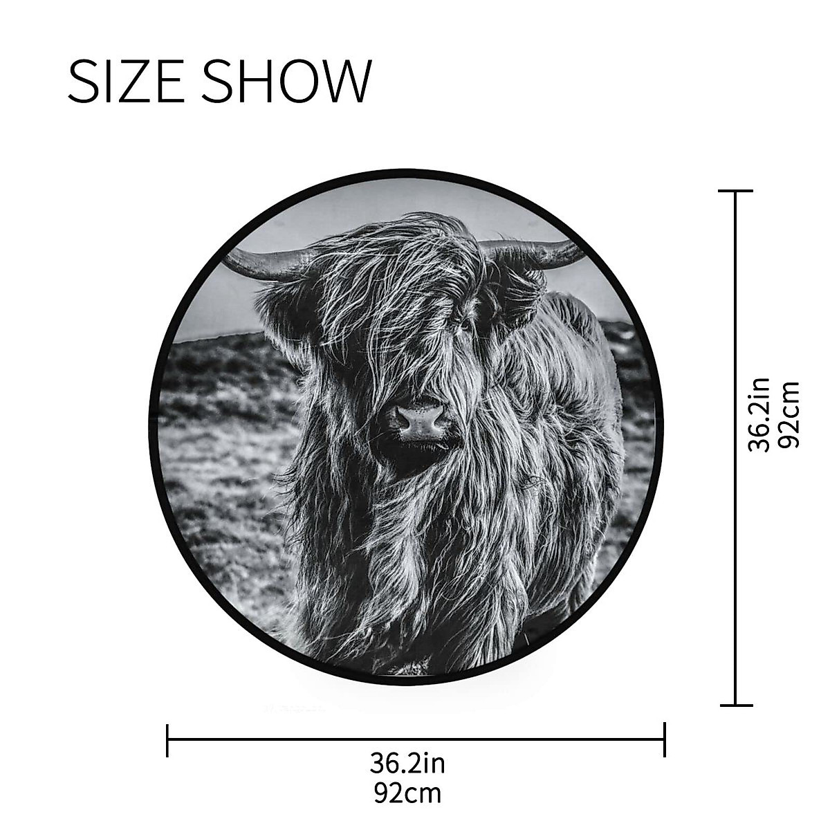 Highland Cattle Cow Area Rug Round 3 ft Washable for Bedroom Living Room Scottish Meadow Animal Circle Rug Mat Non Slip Carpet Decor Floor Mat for Bathroom Kitchen Dorm